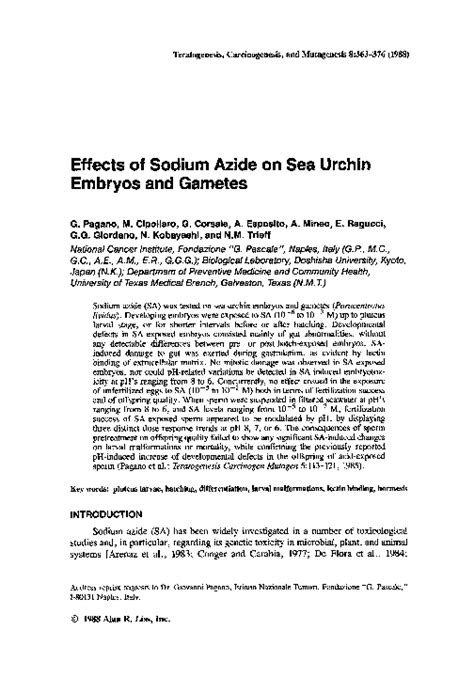 Pdf Effects Of Sodium Azide On Sea Urchin Embryos And Gametes