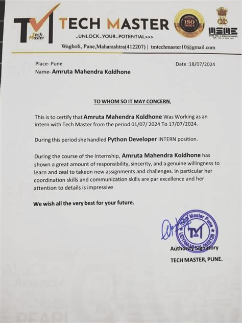 Amruta Kaldhone On Linkedin Internship Pythondevelopment Techmaster