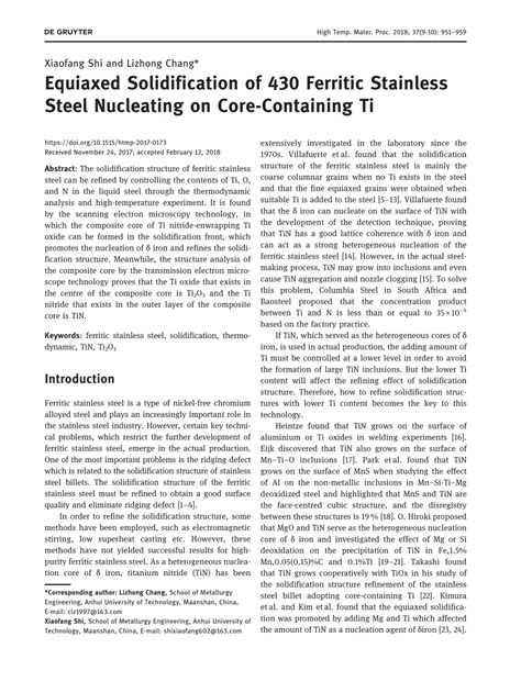 Pdf Equiaxed Solidification Of 430 Ferritic Stainless Steel Nucleating On Core Containing Ti
