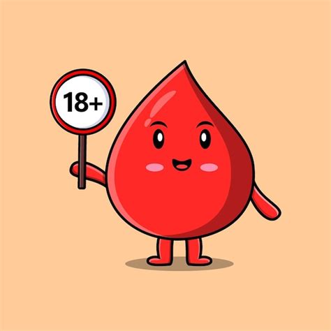 벡터 문자 그림에서 18 더하기 사인 보드를 들고 귀여운 만화 혈액 방울 프리미엄 벡터