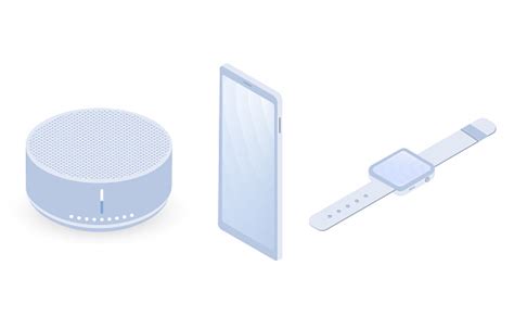 스마트 기술 무선 가젯 개념입니다 현대 Iot 음성 도우미 스피커 스마트 시계 및 스마트폰 클로즈업 벡터 백색 배경에