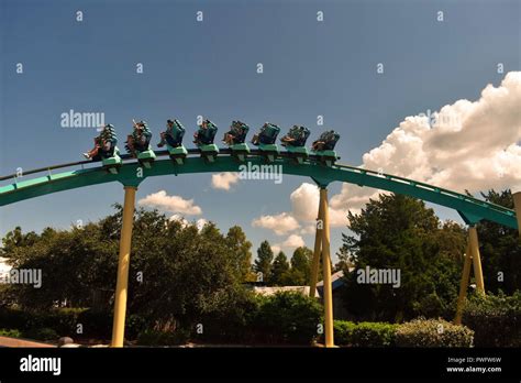 Orlando Florida September People Enjoying Kraken Funfair Rollercoaster At Seaworld