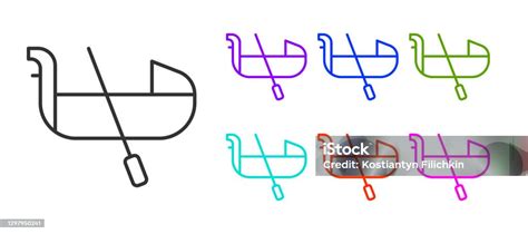 검은 줄 곤돌라 보트 이탈리아 베니스 아이콘 흰색 배경에 고립 관광 조정 교통 로맨틱 다채로운 아이콘을 설정합니다 벡터 0명에