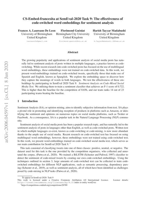 Cs Embed Francesita At Semeval 2020 Task 9 The Effectiveness Of Code