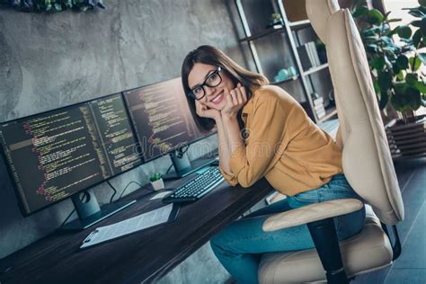 Profile Side View Portrait Of Attractive Cheery Girl Expert Developing