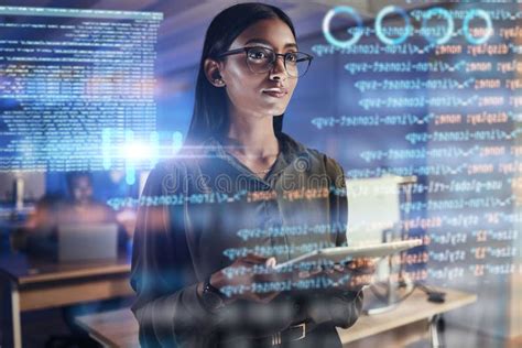 Tablet Code Hologram And Business Woman In Data Analysis Digital