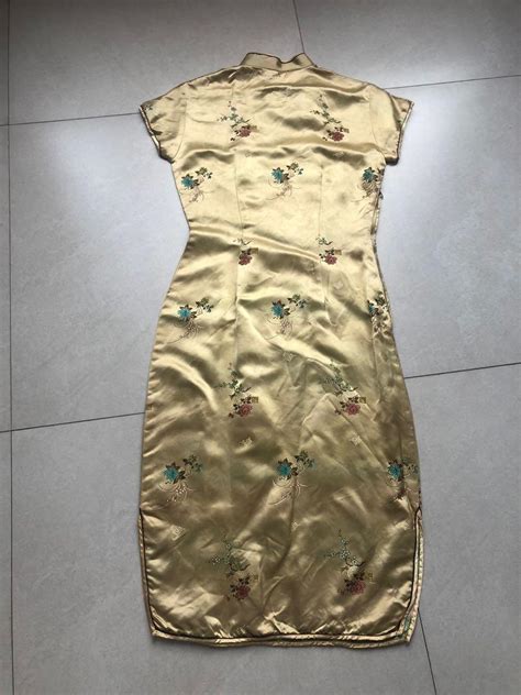 Y2K 90s Vintage Silk Qipao Cheongsam In Gold Made In Hongkong Fesyen Wanita Pakaian