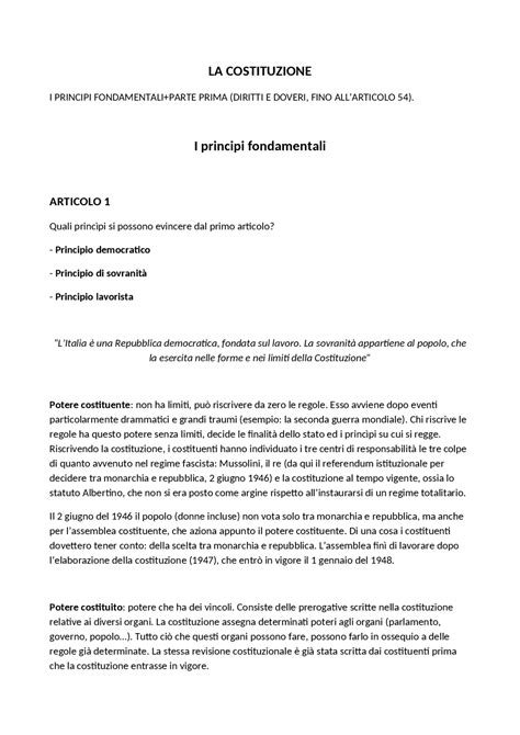 Riassunto Degli Articoli Più Importanti Della Costituzione Sintesi