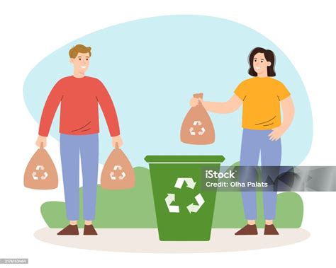 사람들은 쓰레기를 분류합니다 귀여운 여자와 남자가 환경을 돌보고 쓰레기를 용기에 넣어 재활용과 재사용을 합니다 제로 웨이스트 개념 감소에 대한 스톡 벡터 아트 및 기타