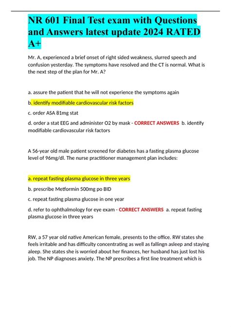 NR 601 Final Test Exam With Questions And Answers Latest Update 2024 RATED A NR 601 Fin