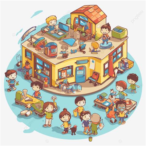 유치원 센터 벡터 원형 배경 만화에 장난감이 그려진 교실의 스티커 클립 아트 어린이 상표 클립 아트 Png 일러스트 및 벡터 에 대한 무료 다운로드 Pngtree