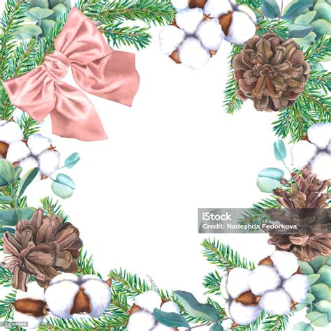 솔방울 침엽수 가지 유칼립투스 면화 덩어리와 분홍색 리본 활이 있는 새해 사각형 프레임 고립 된 배경에 손으로 그린 수채화 그림