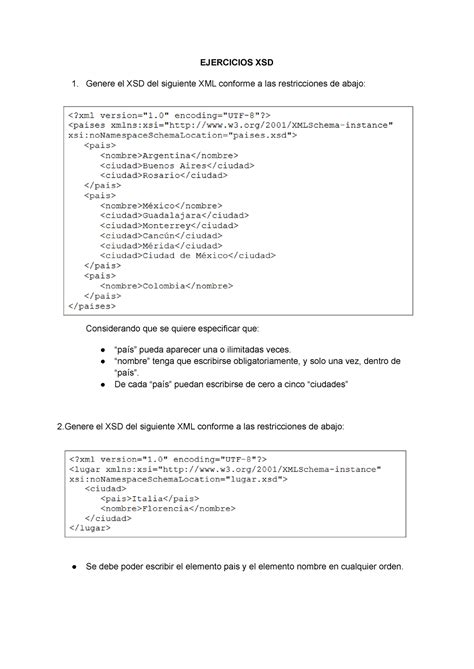 Ejercicios XSD EJERCICIOS XSD Genere El XSD Del Siguiente XML