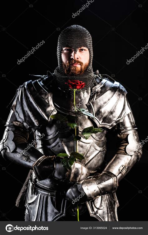 Handsome Knight Armor Holding Rose Isolated Black Stock Photo