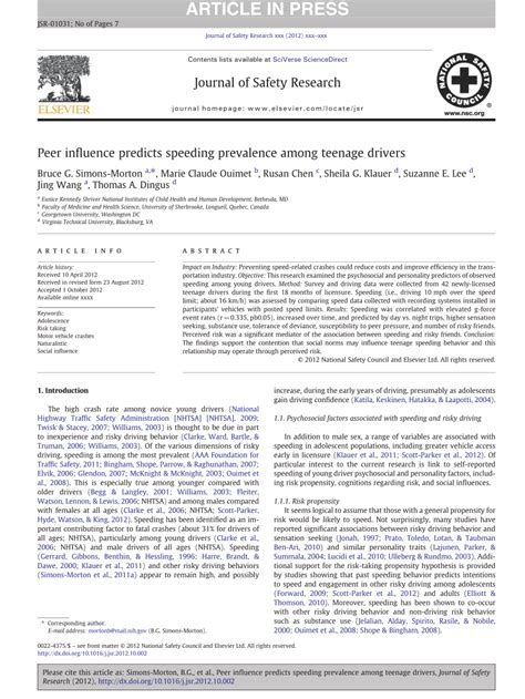 Pdf Peer Influence Predicts Speeding Prevalence Among Teenage Drivers