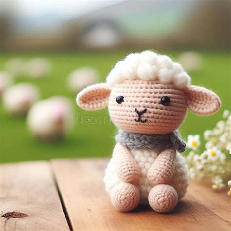 A Little Crochet Sheep Is Sitting In Front Of Some Flowers Stock