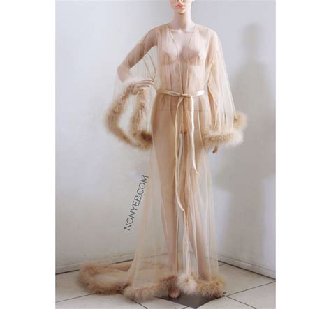 Giselle Caramel Sheer Robe With Fur Trim Satin Ribbon Ties