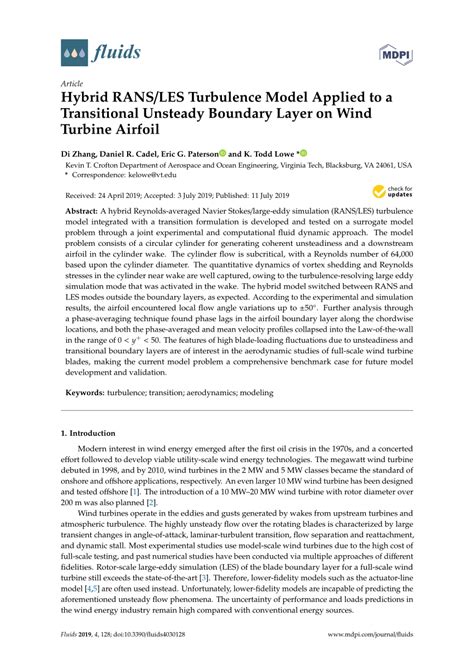 Pdf Hybrid Ransles Turbulence Model Applied To A Transitional Unsteady Boundary Layer On Wind