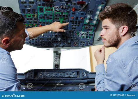 Two Flight Engineers Talking In Cockpit Stock Photo Image Of Flight