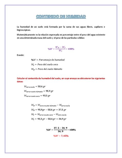 1 Contenido De Humedad La Humedad De Un Suelo Está Formada Por La