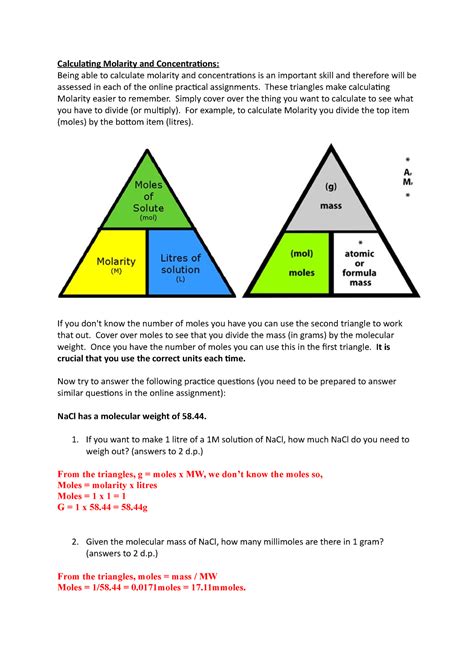 Practice Questions From Worksheet Calculating Molarity And