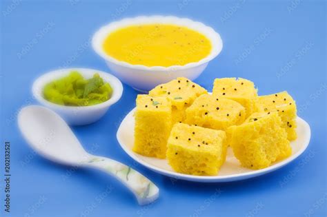 Indian Traditional Street Food Khaman Dhokla Served With Chutney