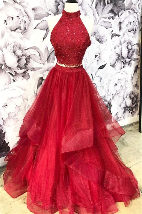 Burgundy Two Pieces Tulle Lace Long Prom Dress Lace Evening Dress Ks4
