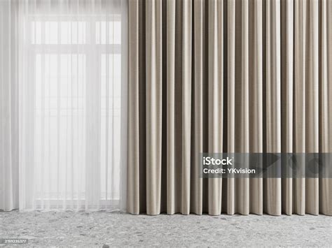 베이지색 커튼 회색 테라조 바닥 타일 얇은 명주 그물이 있는 텅 빈 현대적인 미니멀리즘 인테리어 3d 렌더링 일러스트레이션 모형 아이디어에 대한 스톡 사진 및 기타 이미지
