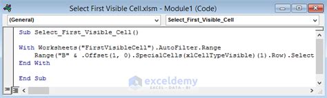 excel vba to select first visible cell in filtered range