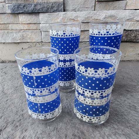 4 Mid Century Libbey Drinking Glasses Blue And White Polka Etsy