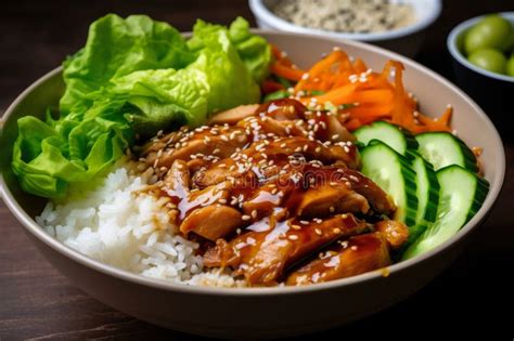 Mouth Watering Chicken Teriyaki Bowl With Rice Fresh Lettuce Cucumber