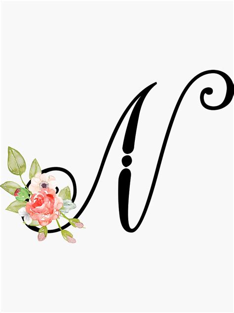 Floral Monogram Fancy Script Letter N Sticker For Sale By Grafixmom