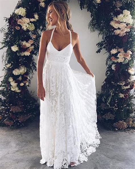 White Flower Lace V Neck Long Summer Beach Prom Dress Long Open Back Graduation Dresses On Storenvy