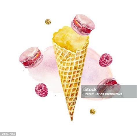 마카롱 케이크 아이스크림 콘 라즈베리 흰색에 고립된 수채화 그림입니다 생일 카드 초대장 포스터 라벨 배너 표지용 0명에 대한 스톡 벡터 아트 및 기타 이미지 Istock