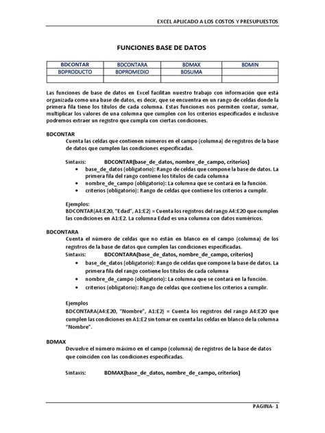 1 Funciones Base De Datos U4 Pdf Pdf Microsoft Excel Bases De Datos