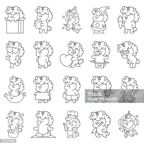 귀여운 유니콘 벡터 만화 윤곽 아이콘은 흰색 배경에 격리 설정 0명에 대한 스톡 벡터 아트 및 기타 이미지 0명 감정