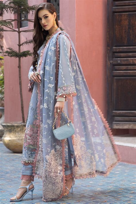 Elegant Ice Blue Pakistani Salwar Kameez Dupatta Suit Nameera By Farooq