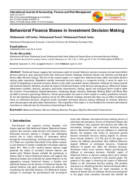 Pdf Behavioral Finance Biases In Investment Decision Making