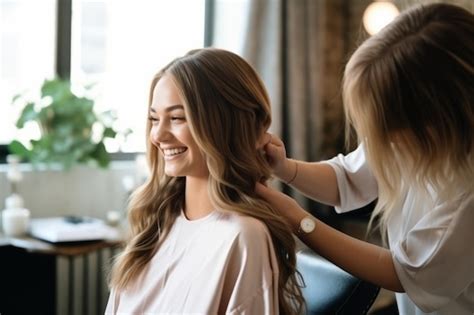 Premium Photo Female Hairdresser Standing And Making Hairstyle To
