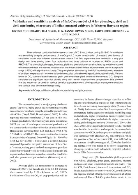 Pdf Validation And Sensitivity Analysis Of Infocrop Model V10 For