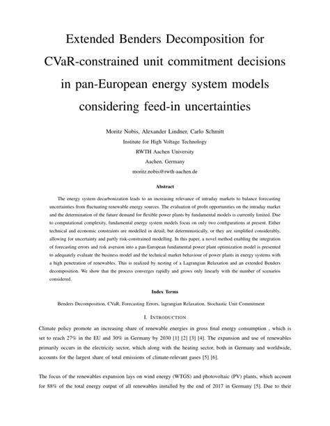 Pdf Extended Benders Decomposition For Cvar Constrained Unit Commitment Decisions In Pan