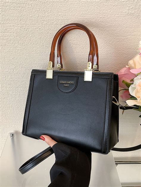 Negro Elegante Collar Cuerina Letras Bolsa Cuadrada Embellished Bolsos