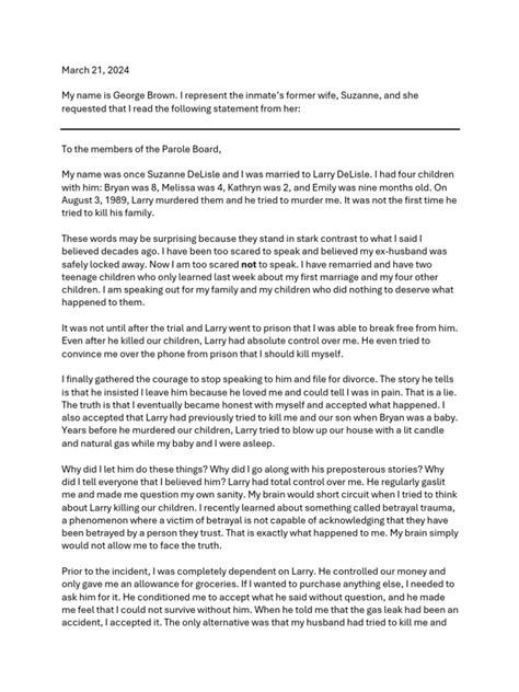 Suzanne Delisle Statement To Parole Board Pdf