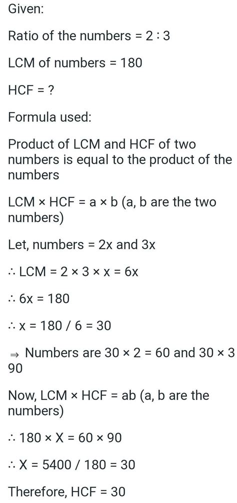 Two Numbers Are In The Ratio 2 3 And Their Lcm Is 180 What Is The Hcf