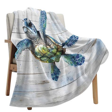 Fleece Blanket Blue Sea Turtle On Vintage Wood Grain Blankets Soft