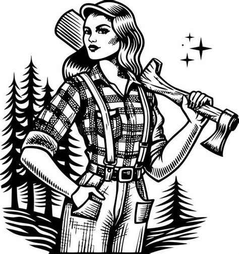 Female Lumberjack Holding Axe Ink Vector Sketch Black Illustration