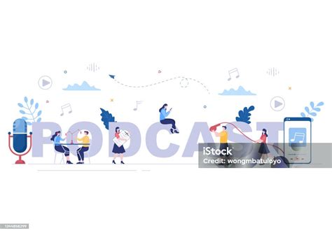 팟캐스트 배경 벡터 일러스트 는 헤드셋을 사용하여 오디오를 녹음하는 사람들 사운드 녹음 장비 및 마이크 개념으로 게스트 인터뷰 또는 온라인 쇼를 호스트합니다 공연에 대한