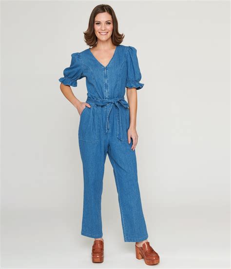 1970s Denim Puff Sleeve Jumpsuit Unique Vintage