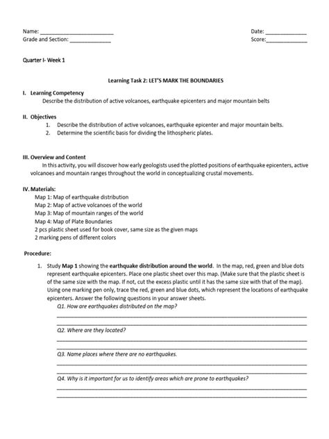 Lc 1 Learning Task 2 Lets Mark The Boundaries Pdf Volcano Plate Tectonics
