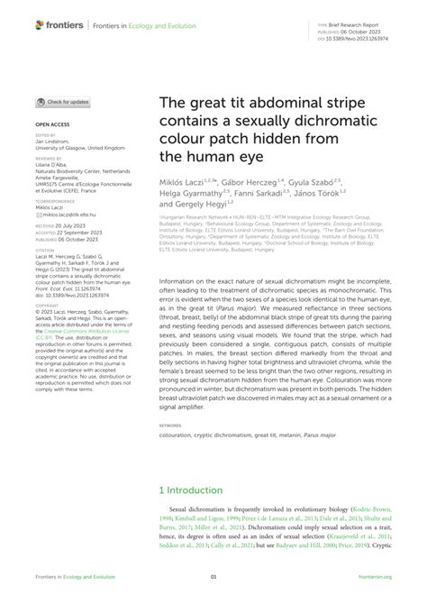 Pdf The Great Tit Abdominal Stripe Contains A Sexually Dichromatic Colour Patch Hidden From